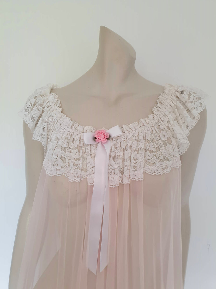 Sheer Pink Negligee With Lace and Train - M – Louisa Amelia Jane Vintage