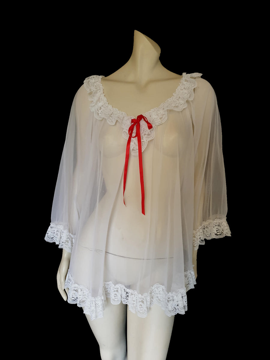 Sheer White Babydoll, Mini Negligee, with Long Sleeves - M – Louisa ...