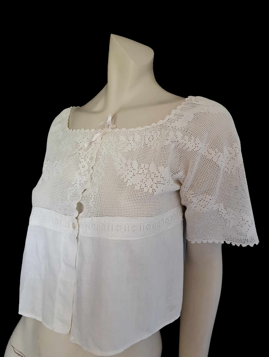 Antique, Edwardian Corset Cover, Top, With Crocheted Yoke and Sleeves ...