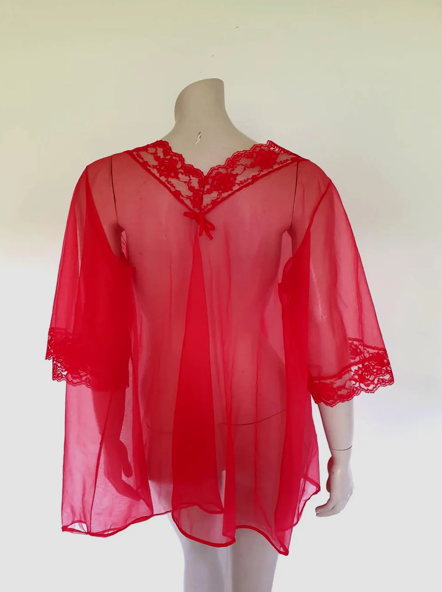 Sheer Red Mini Robe With Fancy Back - M – Louisa Amelia Jane Vintage
